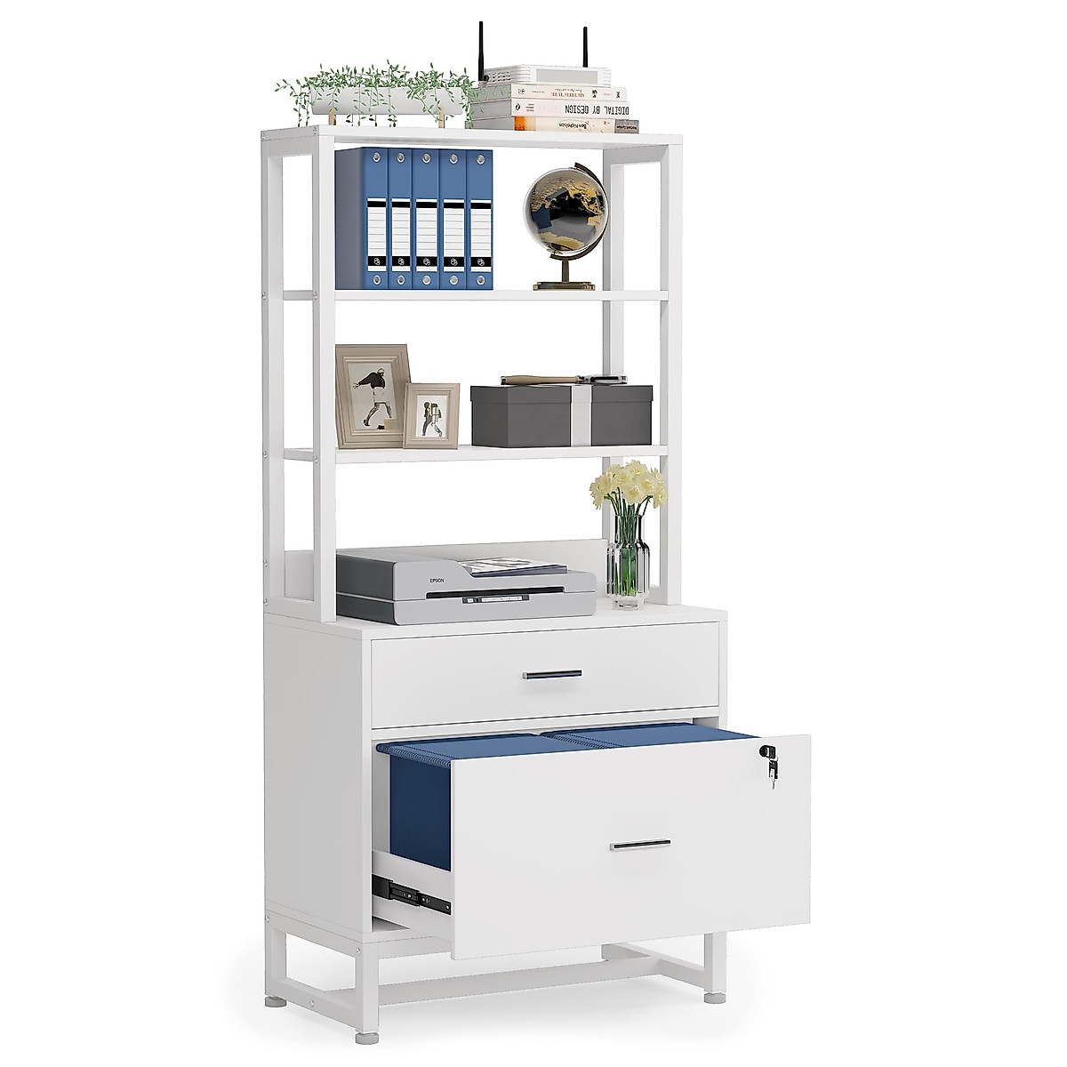 Tribesigns 2 Drawer Vertical File Cabinet with Lock & Bookshelf, Letter Size Large Modern Filing Cabinet Printer Stand with Open Storage Shelves for Home Office, White