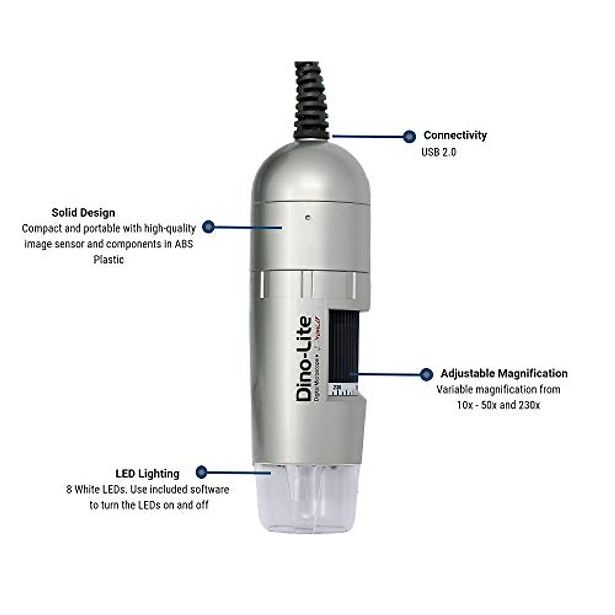Dino-Lite USB Digital Microscope AM3111-0.3MP, 10x - 50x, 230x Optical Magnification, 8 LEDs
