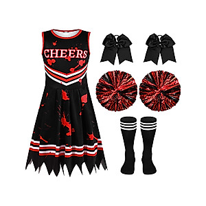 Liitrsh Cheerleader Costume Girls Cheerleading Halloween Cosplay Scary Outfit Bloody Dress Accessories for Party (Fearleader,7-8 Years)