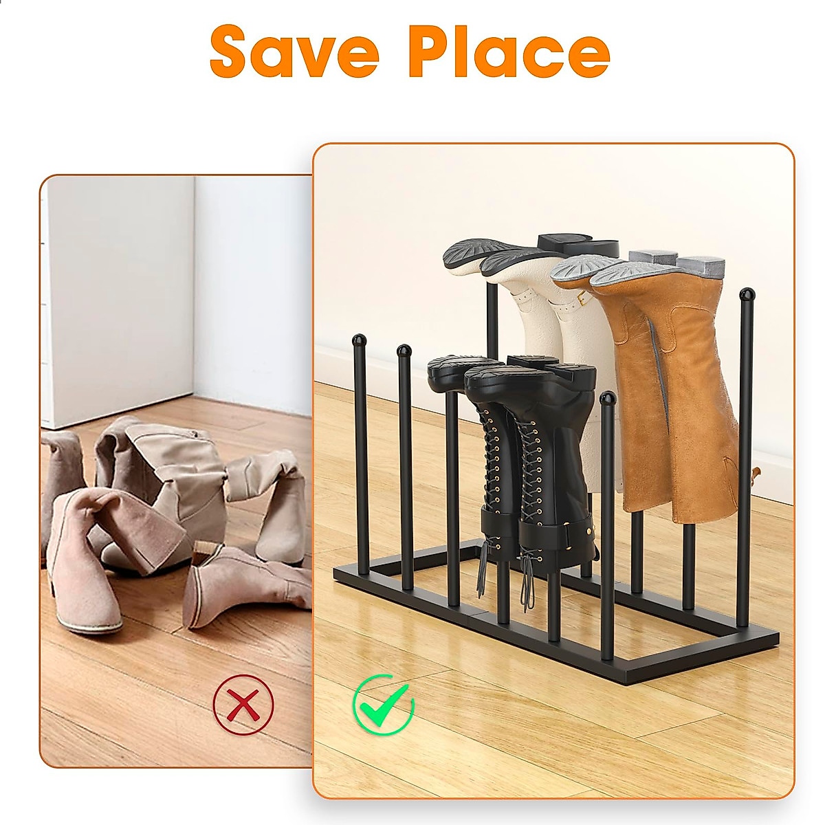 Urban Deco Free Standing Shoe Racks, Boot Organizer for Tall Boots, Black Metal Boot Rack Fit for 6 Pairs, Shoe Organizer for Dorm Room, Closet, Entryway (Black-6pairs)