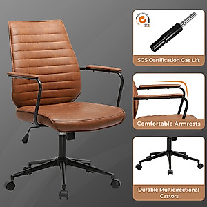 Brown Leather Office Chair, Ergonomic Mid-Back Executive Conference Task Chair, Ribbed Height Adjustable Swivel Rolling Chair for Home Office (Brown)