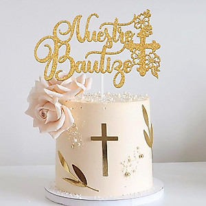 Nuestro Bautizo Cake Topper, Mi Primera Comunion, First Holy Communion, Bridal Shower/Wedding/Baptism/Christening Baby Shower Party Decorations, Gold Glitter