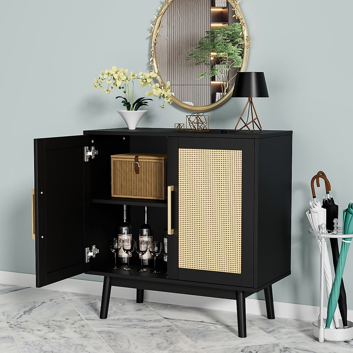 JOZZBY Set of 2 Rattan Cabinet, Sideboard Storage Cabinet 2 Door Accent Cabinet with Adjustable Shelves Buffet Cabinet for Kitchen Living Room Dining Room Entryway