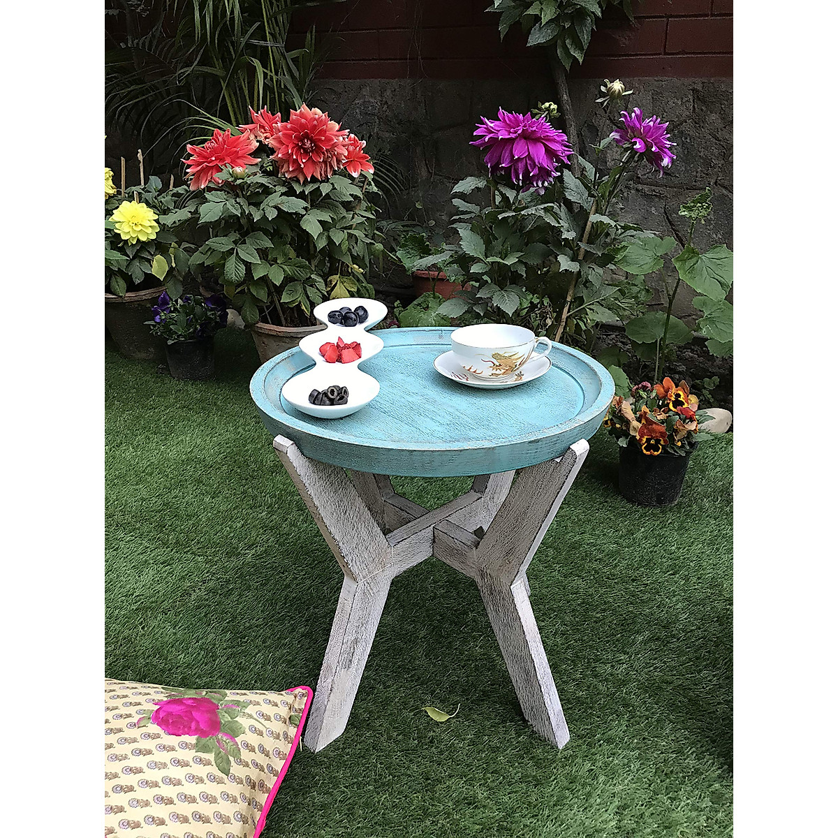 SAVON Serving Table Wood Side end Round Blue Rustic Wooden Tray Collapsible Distressed