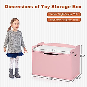 Costzon Kids Wooden Toy Chest, Wide Toy Box Storage Chest with Bench Seat, Toy Storage Trunk Case with Finger-Pinch Prevention, Lift-Top Foot Rest Seat for Toddler Bedroom Playroom Entry (Pink)