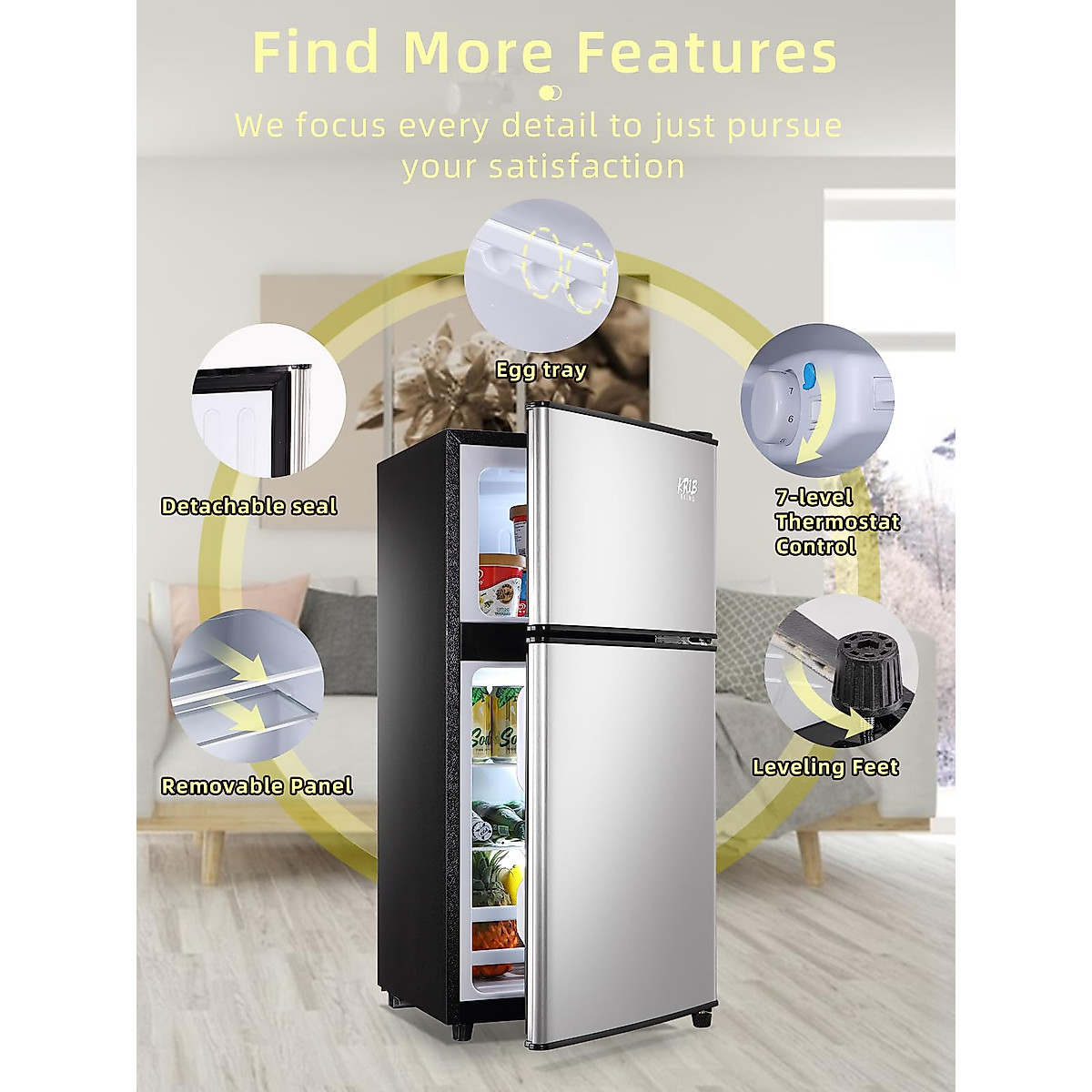 KRIB BLING Compact Refrigerators with Freezer, 3.5 Cu.ft Mini Fridge with 7 Level Temp Adjustable Thermostat, Small Fridge for Apartment, Office, Basement, Silver