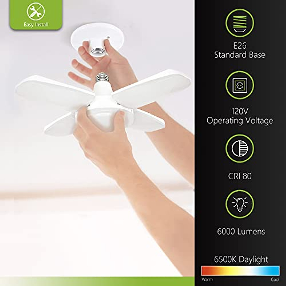 Pinegreen Lighting LED Garage Light, Energy Efficient 65W Deformable 6000LM Bright Daylight 6500K 4 Adjustable Panels Shop Light 6000 Lumen for Garage Laundry Basement E26 (2 Pack)