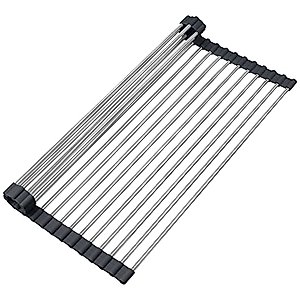 MGahyi Roll Up Dish Drying Rack, Over The Sink Drying Rack, Multipurpose 304 Stainless Steel Silicone Wrapped Steel Roll-Up , Folding Dish Rack for Kitchen Sink （Black, 17.3" x 13" ）
