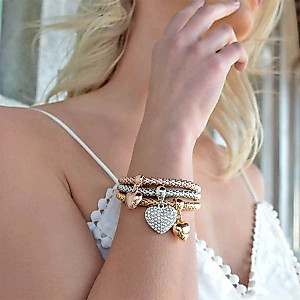 SILANER Crystal Charms Multilayer Bracelets - 3PCS Gold/Silver/Rose Gold Corn Chain Bracelet for Women, Tree of Life Heart Shaped Stretch Bracelet(Solid Hearts Charm)