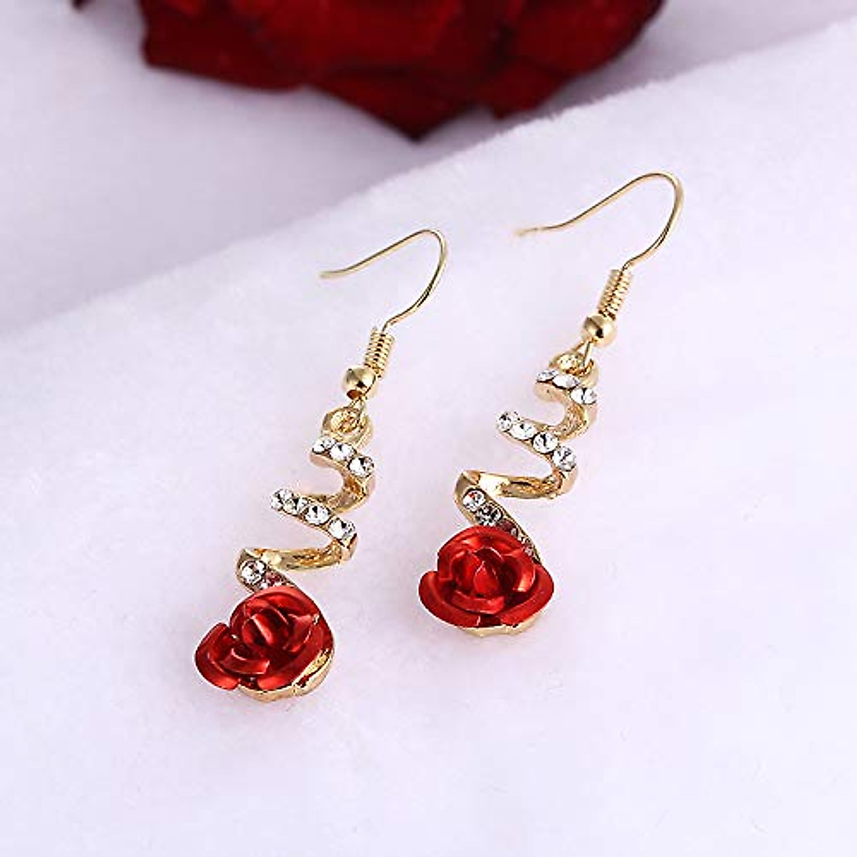 Vintage Red 3D Rose Drop Earrings For Women Statement Dangle Earrings With Crystal Rhinestone Valentine's Day Gift