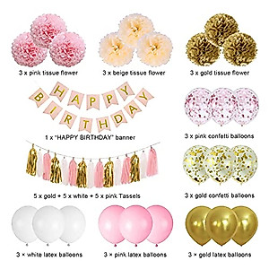 Pink and Gold Happy Birthday Decoration Set for Women Girls and Kids with Happy Birthday Banner, Hanging Tassels, Confetti Balloons, Flower Pompoms Party Decorations Supplies