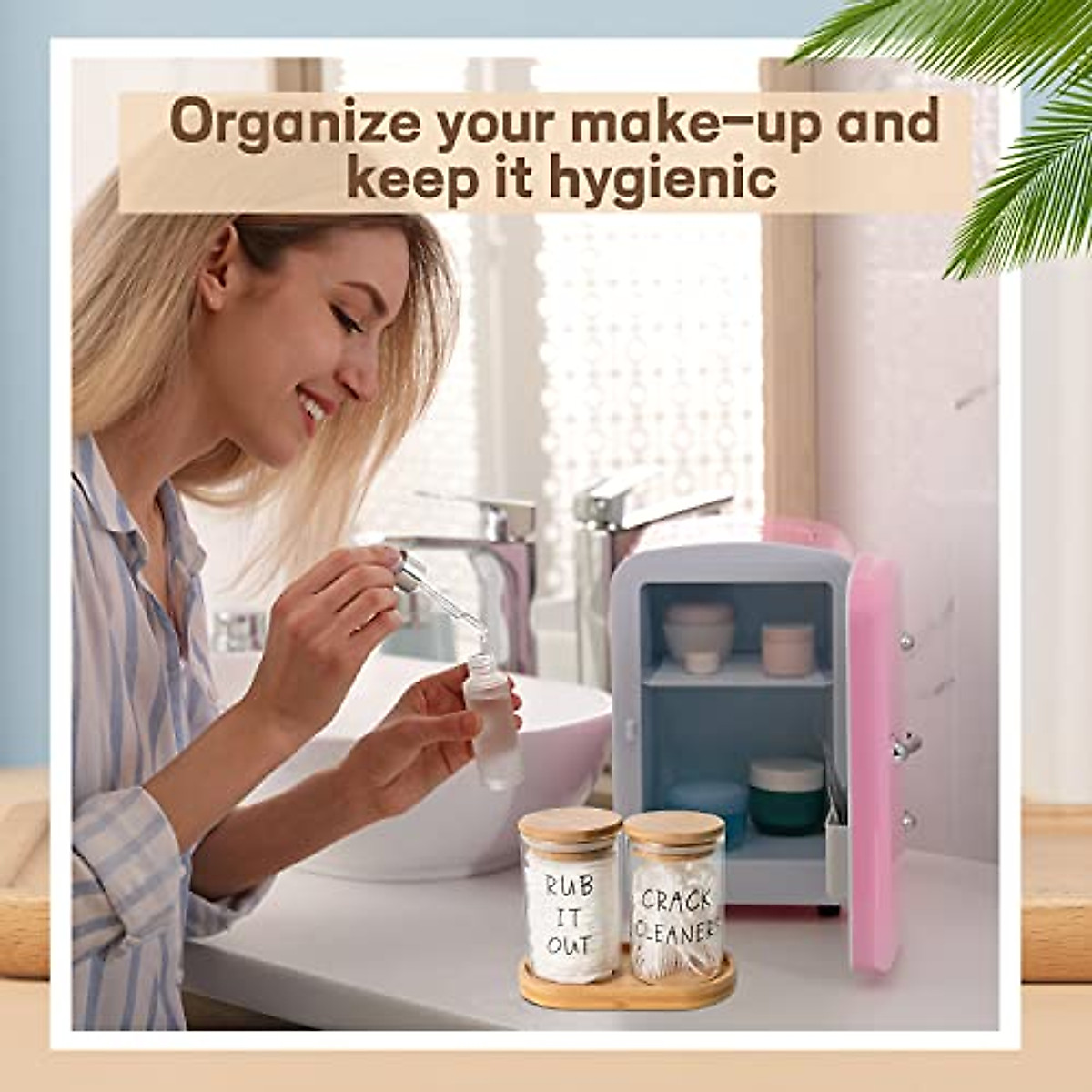 Tessco 6 Pcs Cotton Ball Holder Apothecary Jars with Lids Glass 3 Pcs Bamboo Tray Oval Plate Bathroom Decor Clear Cotton Ball Holder Bathroom Organizer Countertop Bathroom Storage Containers