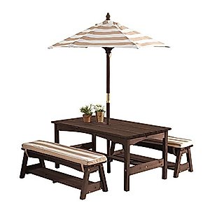 KidKraft Outdoor Wooden Table & Bench Set with Cushions and Umbrella, Kids Backyard Furniture, Espresso with Oatmeal and White Stripe Fabric, Gift for Ages 3-8