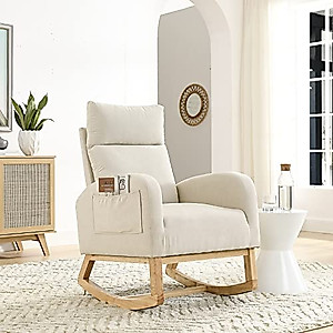 Antetek Rocking Glider Chair for Nursery, Modern Fabric Accent Rocker Chair Upholstered Tall Back Arm Chair w/Side Pockets, Modern Leisure Single Sofa for Living Room, Hotel, Bedroom, Office, Beige