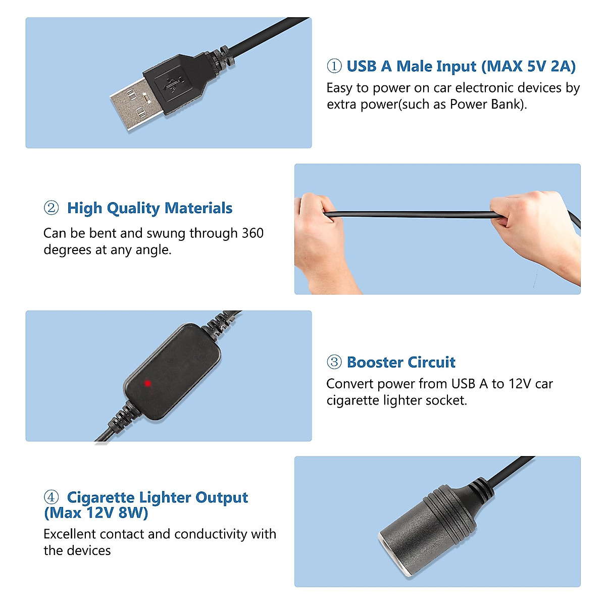 BXIZXD 2-Pack USB A Male to 12V Car Cigarette Lighter Socket Female Converter Cable, Suit for Driving Recorder, Dash Cam and Other Automotive Electronics (8W Max) - 1.2ft