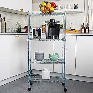 Mind Reader Alloy Collection Adjustable 4-Tier Industrial Storage Shelves with Wheels, Metal, 23.25" L x 13.5" W x 49.5" H, Silver