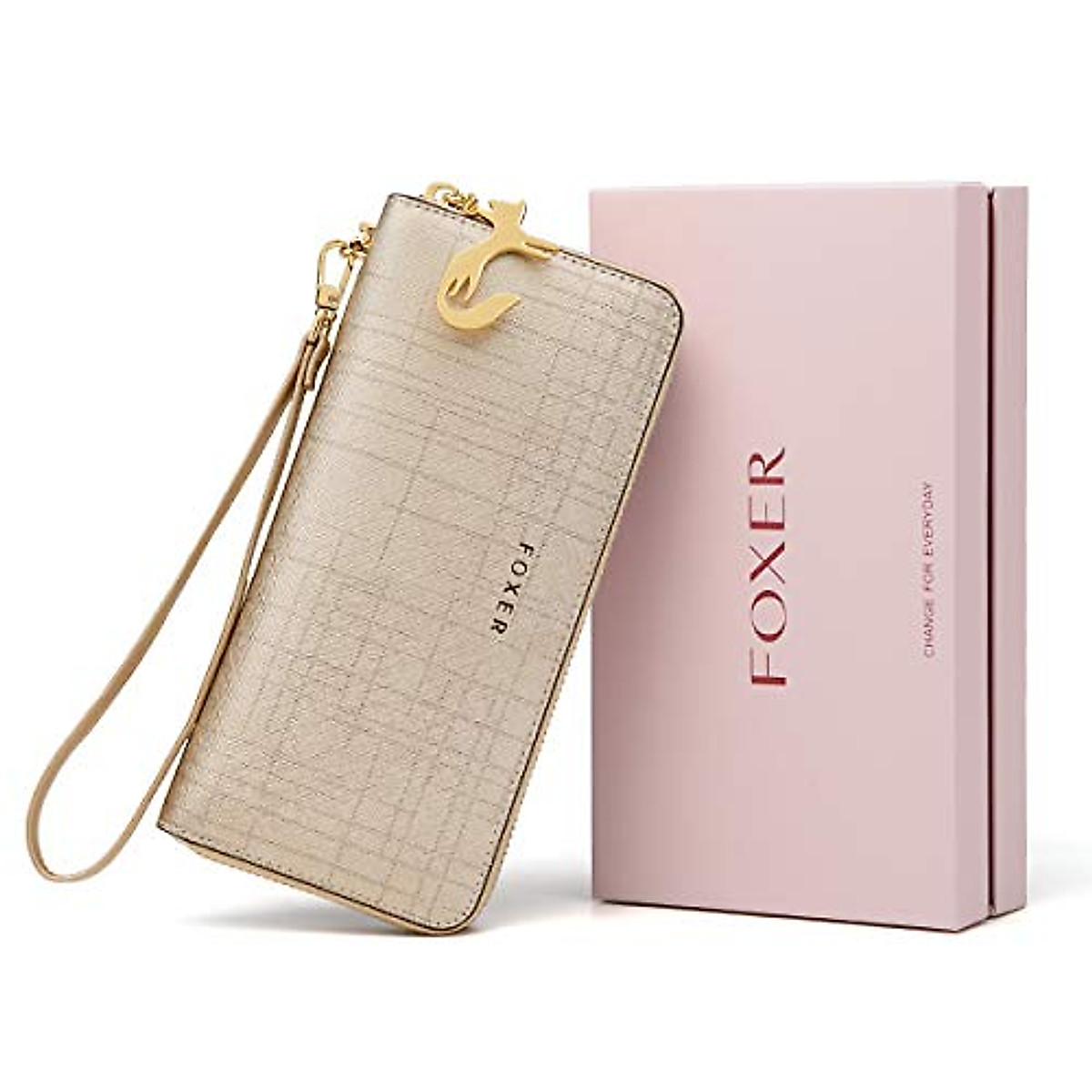 iFOXER Women Leather Long Wallet Fashion Elegant Card Holder Purse Zipper Gift Box Packaging (Gold)