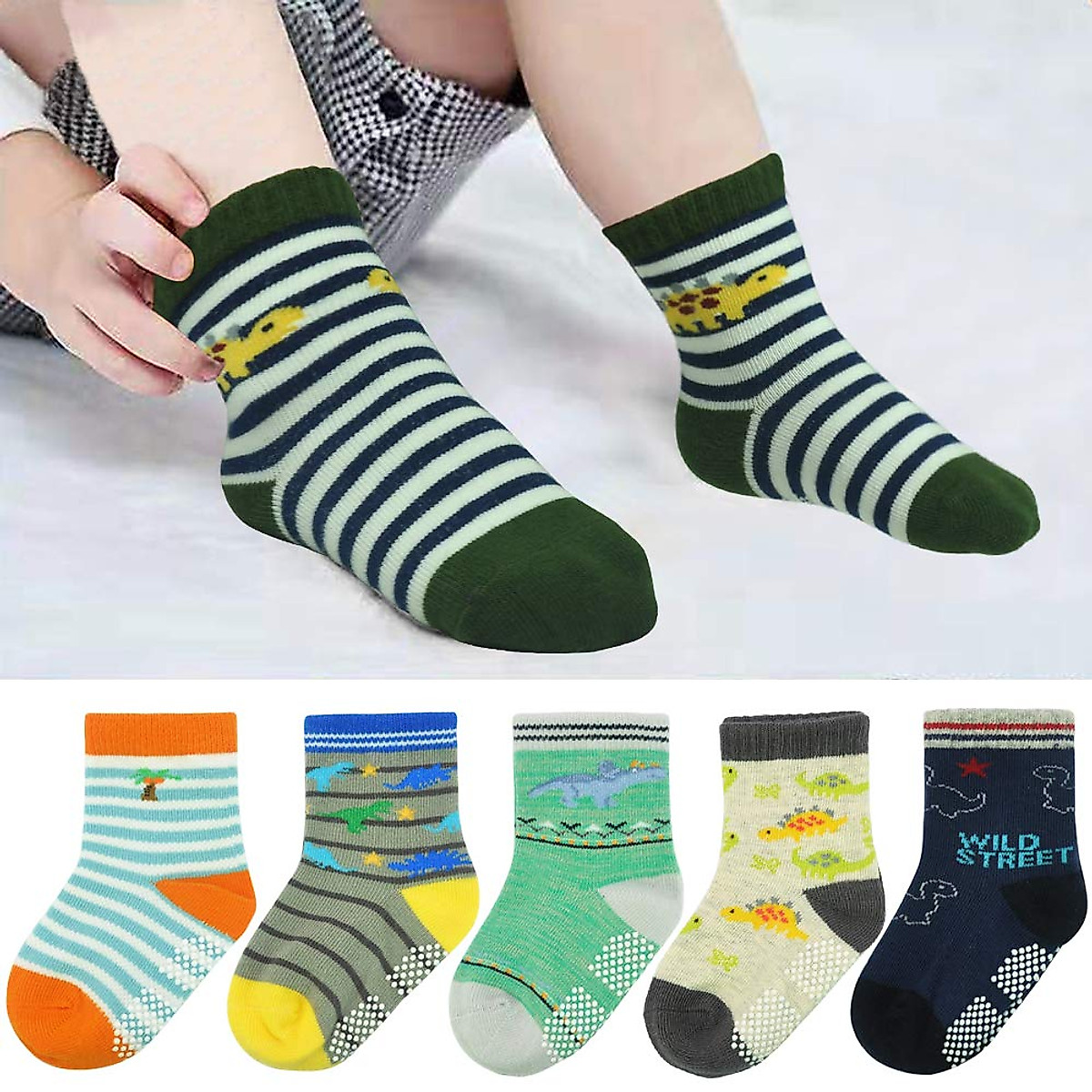 SkiBeaut Toddler Socks, Non Slip Kids Socks with Gripper Boys Grips Socks Girls Grippy Socks for 5-7 Years Old,12 Pairs