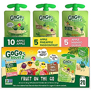 GoGo squeeZ Fruit on the Go Variety Pack, Apple, Mango Guava & Pineapple Passionfruit, 3.2 oz (Pack of 20), Unsweetened Snacks for Kids, No Gluten, Nut Dairy, Recloseable Cap, BPA Free Pouches
