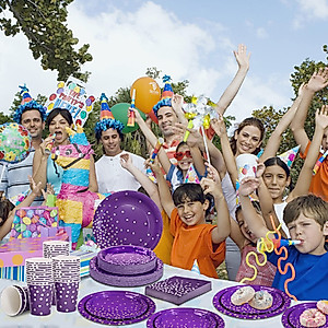 Gudvilla 200PCS Purple Party Decorations Purple Plates and Napkins Party Supplies Silver Dot Disposable Party Dinnerware for Birthday,Graduation,Baby Shower,Bridal Shower Serves 50 Guests
