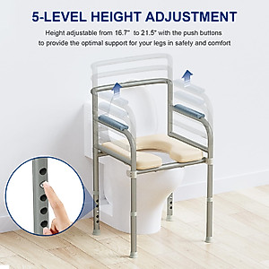 Pipleo Raised Toilet Seat with Handles - Cozy Padded Toilet Seat Risers for Seniors, Handicap - Multi-use as Bedside Commode, Shower Chair and Safety Frame, Adjustable Height, 330lbs Capacity (Grey)