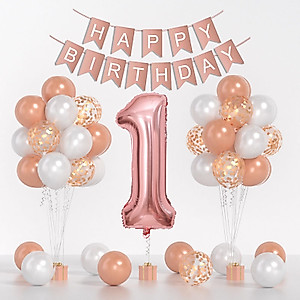 Rose Gold 40inch Number 1 Balloon, First Birthday Decorations For Girl With Rose Gold White Confetti Balloons, Happy Birthday Banner Large 1 Balloon For Baby Girl Princess Birthday Party Decor
