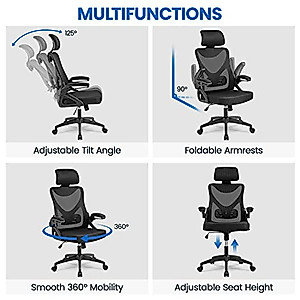 Yaheetech Ergonomic Mesh Office Chair, High Back Desk Chair with with flip-up Armrests, Adjustable Padded Headrest Computer Chair with Lumbar Support for Home Oiffce Game Room, Black
