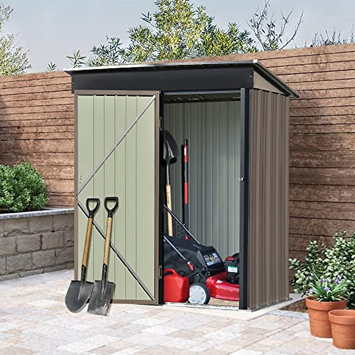 Danxee Outdoor Storage Shed 5x3 FT, Metal Garden Shed for Garbage Can, Tool, Lawnmower, Outside Sheds & Outdoor Storage Galvanized Steel with Lockable Door (Brown)