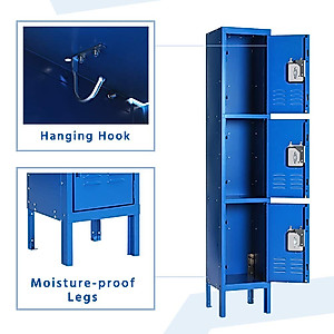 Pataku Metal Lockers for Employees, 3 Tier Storage Locker Cabinet, Steel Lockers 3 Lockable Doors for School, Gym, Office, Home(Blue, 3-Tier)