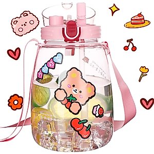 44 Oz Cute Water Bottles with Straws,Creative Kawaii High Capacity Cups,Leakproof Pot Belly Bottles with Adjustable Shoulder Strap,Anti-Fall Portable Juice Kettle Drinking Bottle Transparent Water Jug