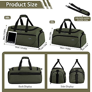 FIORETTO 35L Mens Sports Gym Duffle Bag with Wet Pocket & Shoe Compartment, Overnight Weekender Bag with Padded Shoulder Strap, Ideal for Travel, Gym, Sports, Swimming, Army Green