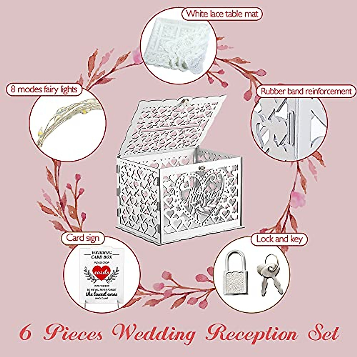 Wedding Card Box, Rustic Wooden Wedding Card Holder with 8 Modes String Light and Lace Table Mat, DIY Envelop Gift Money Card Container with Lock for Reception Decoration, Just Married (White)