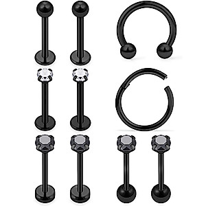 Lcolyoli 10pcs Tragus Earring Stud 16g 18g Surgical Steel & Clear Diamond CZ Conch Helix Cartilage Barbell Piercing Jewelry for Women 6mm Black