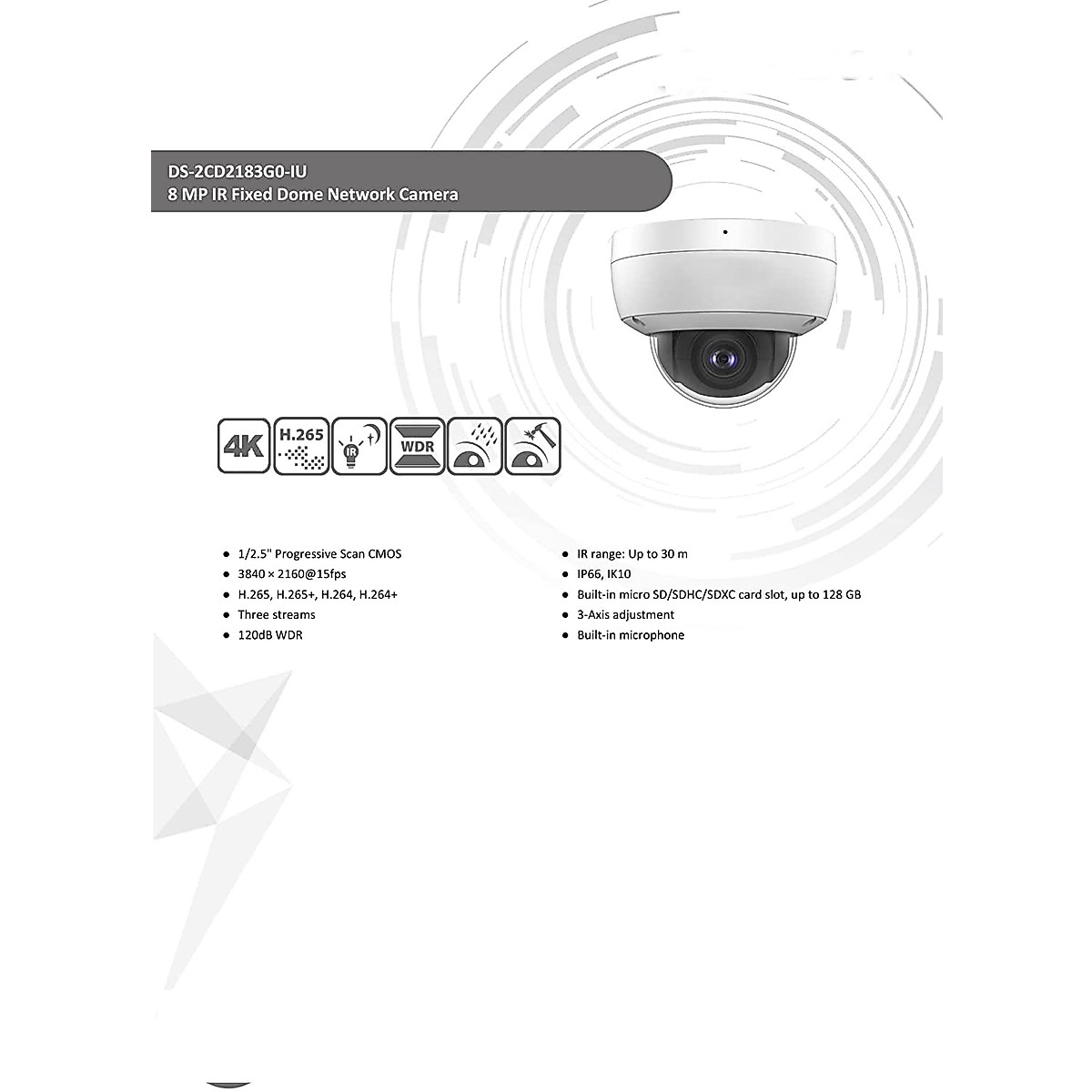 DS-2CD2183G2-IU Acusense 4K 8MP IP Camera 2.8mm PoE Dome Camera with Audio Built-in Microphone, Outdoor, H.265+ Human Detection, Support Firmware Upgrade, Compatible with Hik vision NVR Hik-Connect