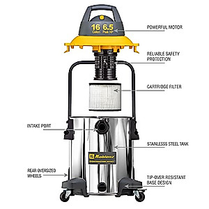 Koblenz Contractor Wet/Dry Vac, 16 Gal Stainless Steel 6.5HP 2-Stage Quiet Motor, Stainless (WD-16 C416SSH)