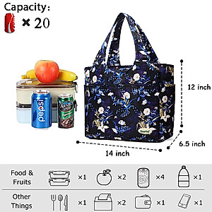 Scorlia Insulated Lunch Shoulder bag, Extra Large Lunch Tote Handbag, Durable Reusable Cooler Ladies lunch Box Bag with Side pockets, Tall Drinks Holder for Women Men Work, Blue flower