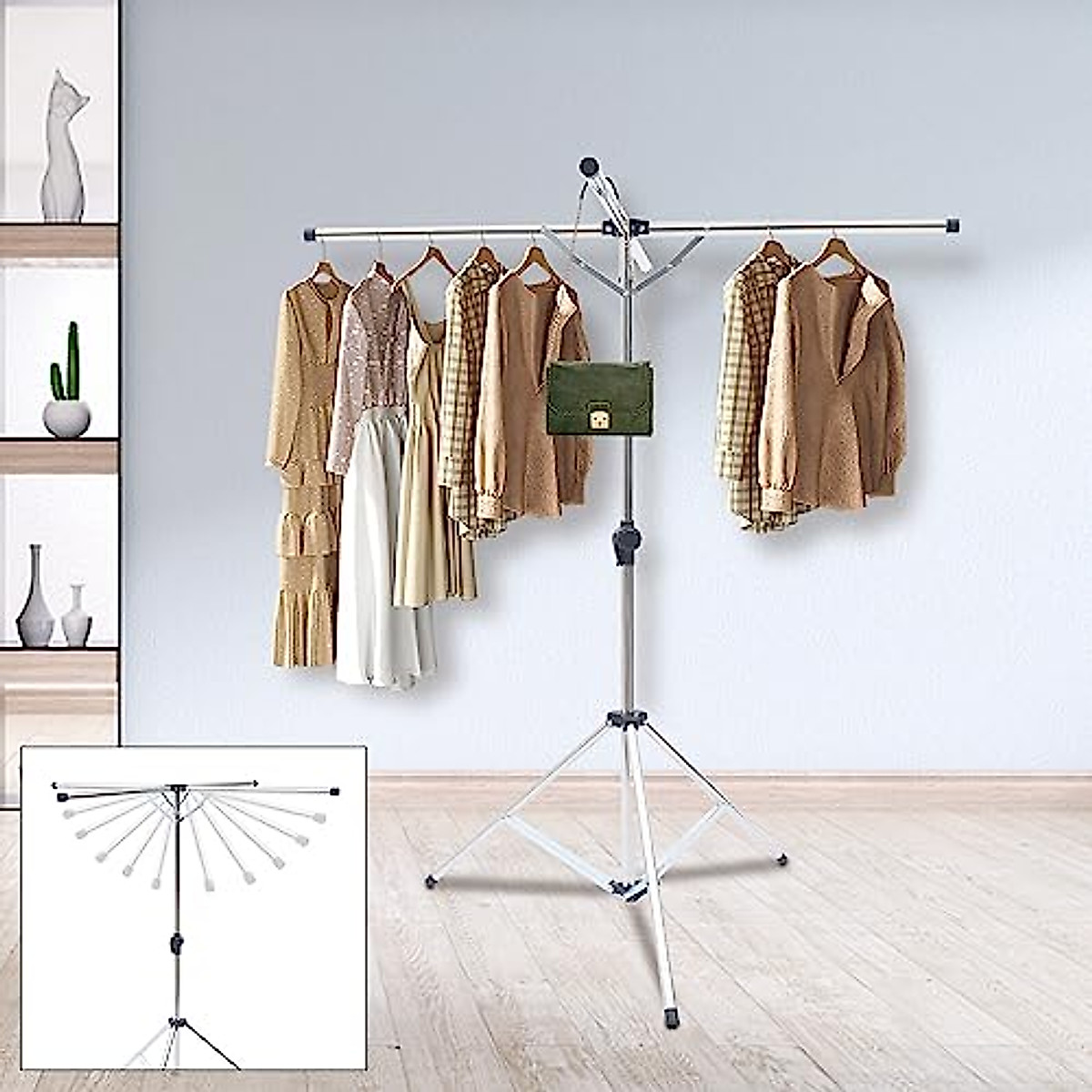 panfudongk Foldable Clothes Drying Laundry Rack Portable Space Saving Laundry Drying Rack 4 Poles