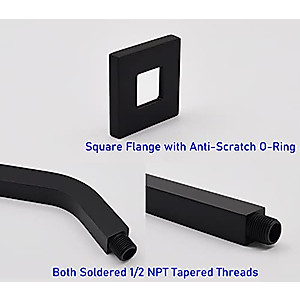 Aquaiaw Square Shower Arm and Anti-Scratch O-Ring Flange, Material 1 inch Solid Brass Pipe, Both Soldered 1/2-14 NPT Tapered Threads, Wall Mount Shower Head Extension Arm (12 inch, Matte Black)