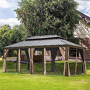 12'x20' Hardtop Gazebo, Outdoor Aluminum Frame Canopy with Galvanized Steel Double Roof, Outdoor Permanent Metal Pavilion with Curtains and Netting for Patio,Backyard and Lawn (Brown)