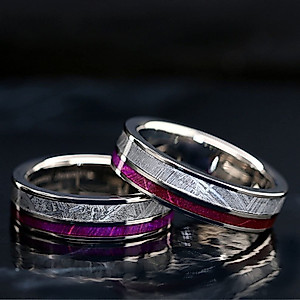 Kingsway Jewelry Moissanite Ring 6mm Wedding Band Set for Him and Her – Luxurious 3-Piece Promise Rings for Couples – Great for Daily Wear with Real Muonionalusta Meteorite & Purple Koa Wood Inlay