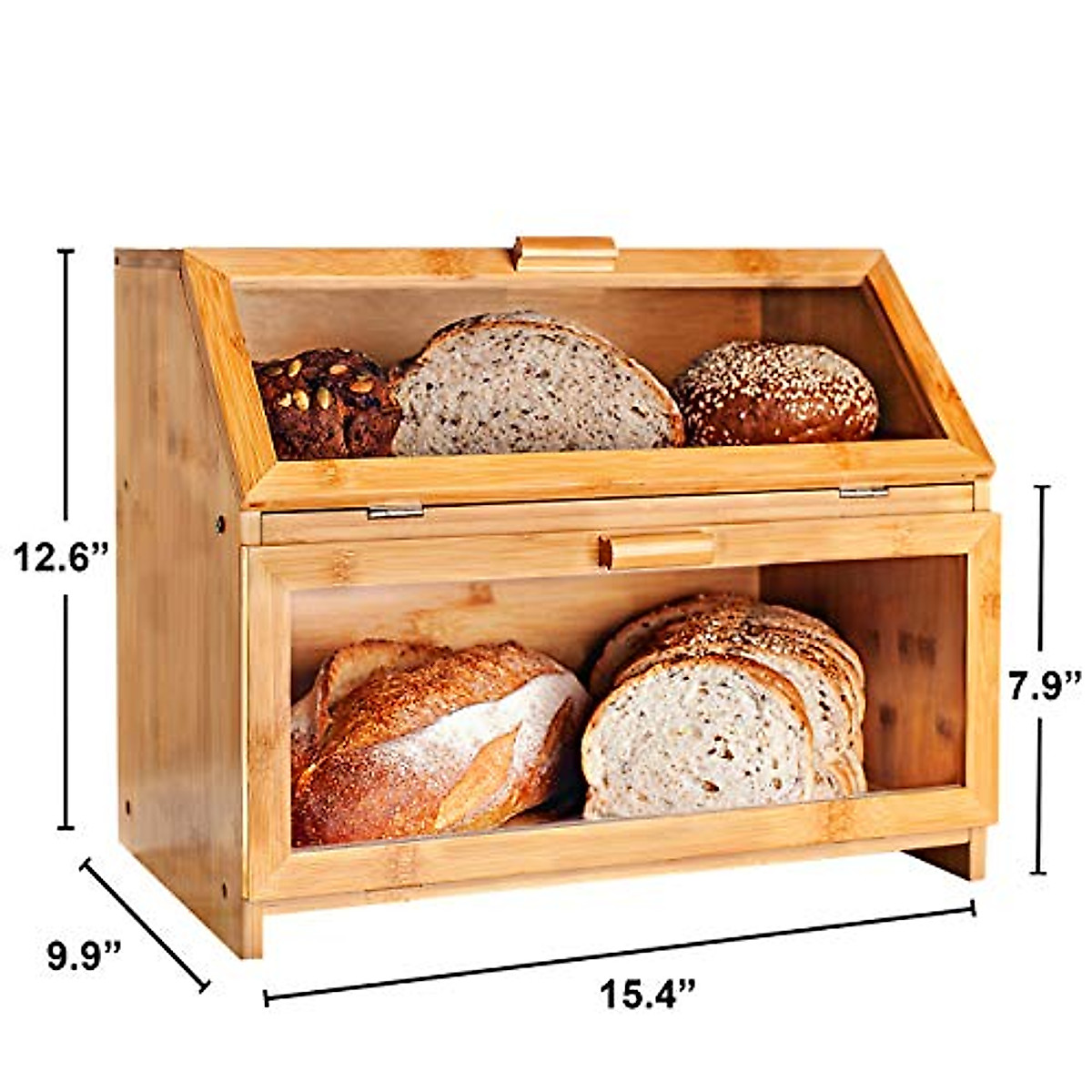 Laura's Green Kitchen Bamboo Bread Box for Kitchen Counter - Double Layer Bread Storage with Clear Windows - Rustic Farmhouse Style Bread Bin (Self-Assembly)