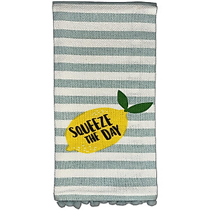 Petal Cliff Set of 2, 100% Cotton White Herringbone Pom Poms Funny Kitchen Towels with Lemon Saying, Squeeze The Day and Sky-Blue Dyed Waffle Weave Kitchen Towels/Dish Towels Size: 16 X 28 Inch.