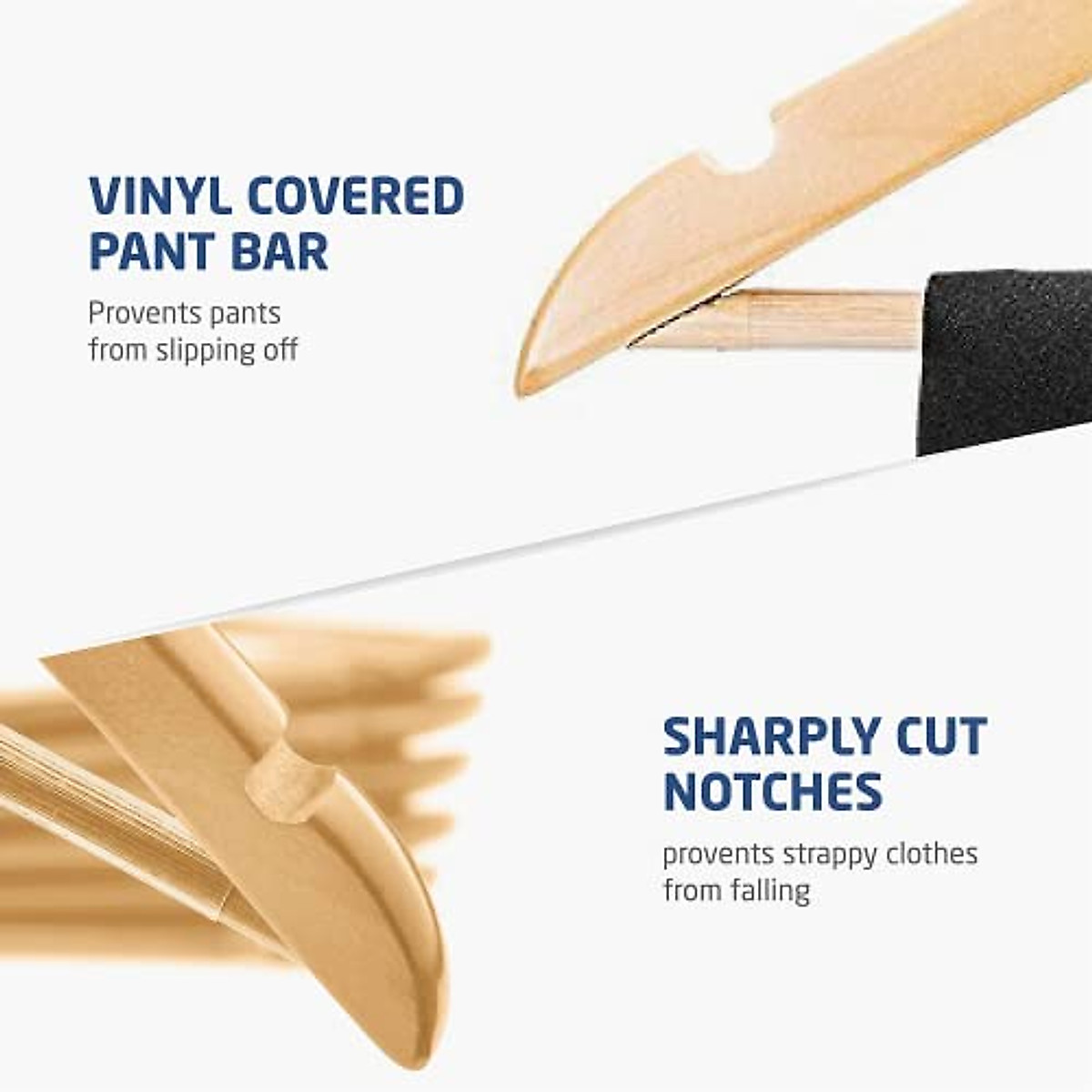 High-Grade Wooden Suit Hangers with Non Slip Pants Bar Smooth Finish Solid Wood Coat Hanger 360° Swivel Hook Precisely Cut Notches for Camisole, Jacket, Pant, Dress Clothes Hangers - 10 Pack, Natural