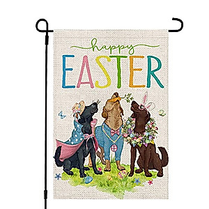 CROWNED BEAUTY Happy Easter Dogs Garden Flag 12x18 Inch Double Sided for Outside Small Burlap Floral Eggs Yard Holiday Decoration CF740-12