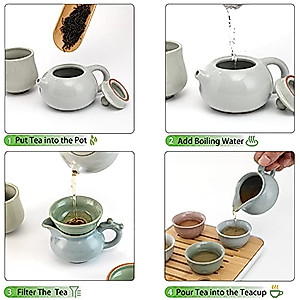Ceramic Kungfu Tea Sets 12 Piece,Mini Protable Travel Tea Set With Tea Pot, 4x Tea Cups, Bamboo Tea Tray, Tea Canister, Travel Bag |Asian Tea Set Suitable for Office, Picnic, Home, BusinessTrip