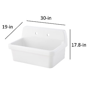 ELLAI 30 Inch White Wall Mount Utility Sink High Back Wall Mounted Ceramic Laundry Tub 15 Gallon Slop Sink for Laundry Room, Garage, Kitchen, Basement 30" x 19" x 18"