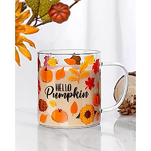Nefelibata Fall Pumpkin Glass Mug 15 Oz Clear Cup With Handle, Large Espresso Iced Coffee Cup Hot Beverage Cappuccino Tea Drinking Glassware Autumn Decor for Coffee Bar Halloween Thanksgiving Gift