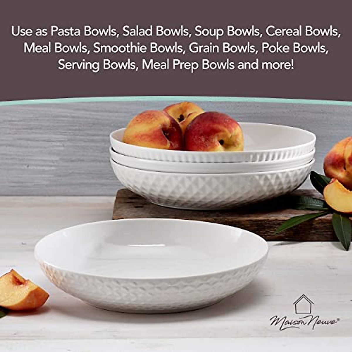 Maison Neuve Premium Porcelain White Dinner Bowls [Set of 4]- 34oz Dinnerware Kitchen Bowls For Soup, Noodle, Pasta, Salad, Cereal, Dessert- Durable Dishwasher-Safe 8.5” Serving Bowls- Textured White