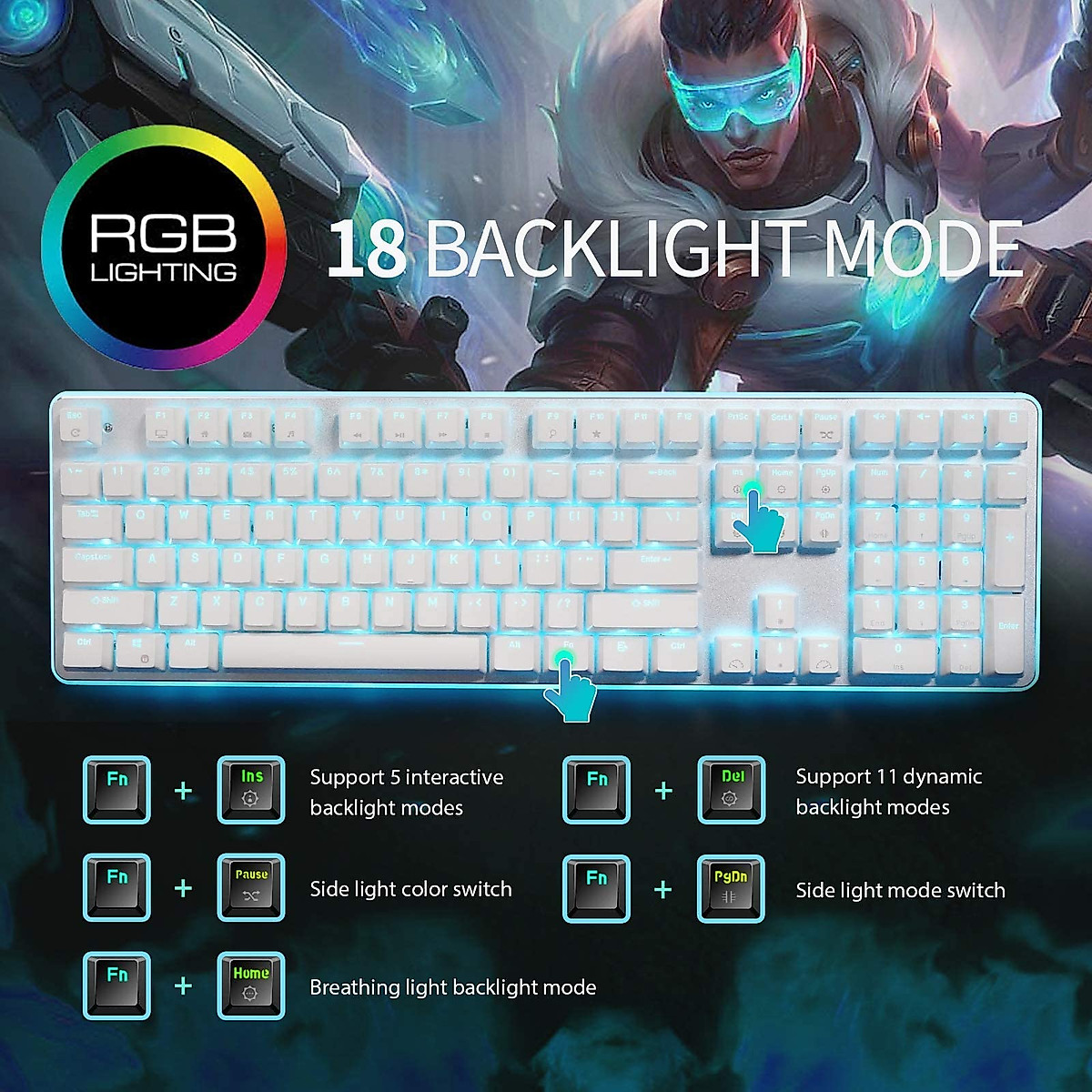 RK ROYAL KLUDGE RK918 Wired Mechanical Keyboard, RGB Backlit Gaming Keyboard with Large LED Sorrounding Side Lamp, Full Size 108 Keys Mechanical 100% Anti-Ghosting Computer Keyboard, Red Switch White