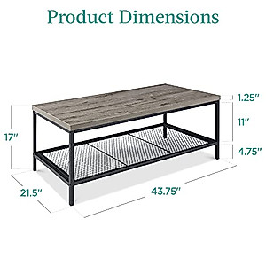 Best Choice Products 44in Modern Coffee Table, Large 2-Tier Industrial Rectangular Wood Grain Top Coffee Table, Accent Furniture for Living Room w/Mesh Shelf, Metal Frame - Gray